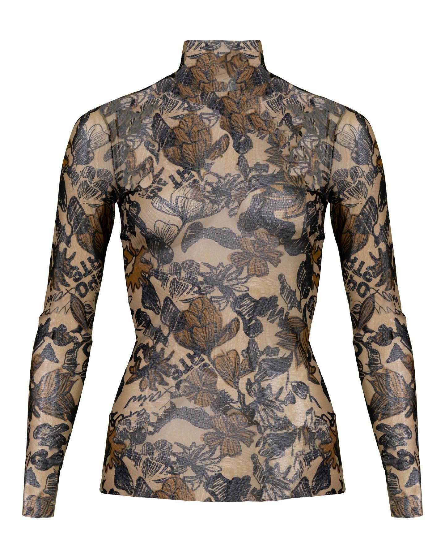 Mesh Tattoo Flower Print Turtleneck – BLU'S